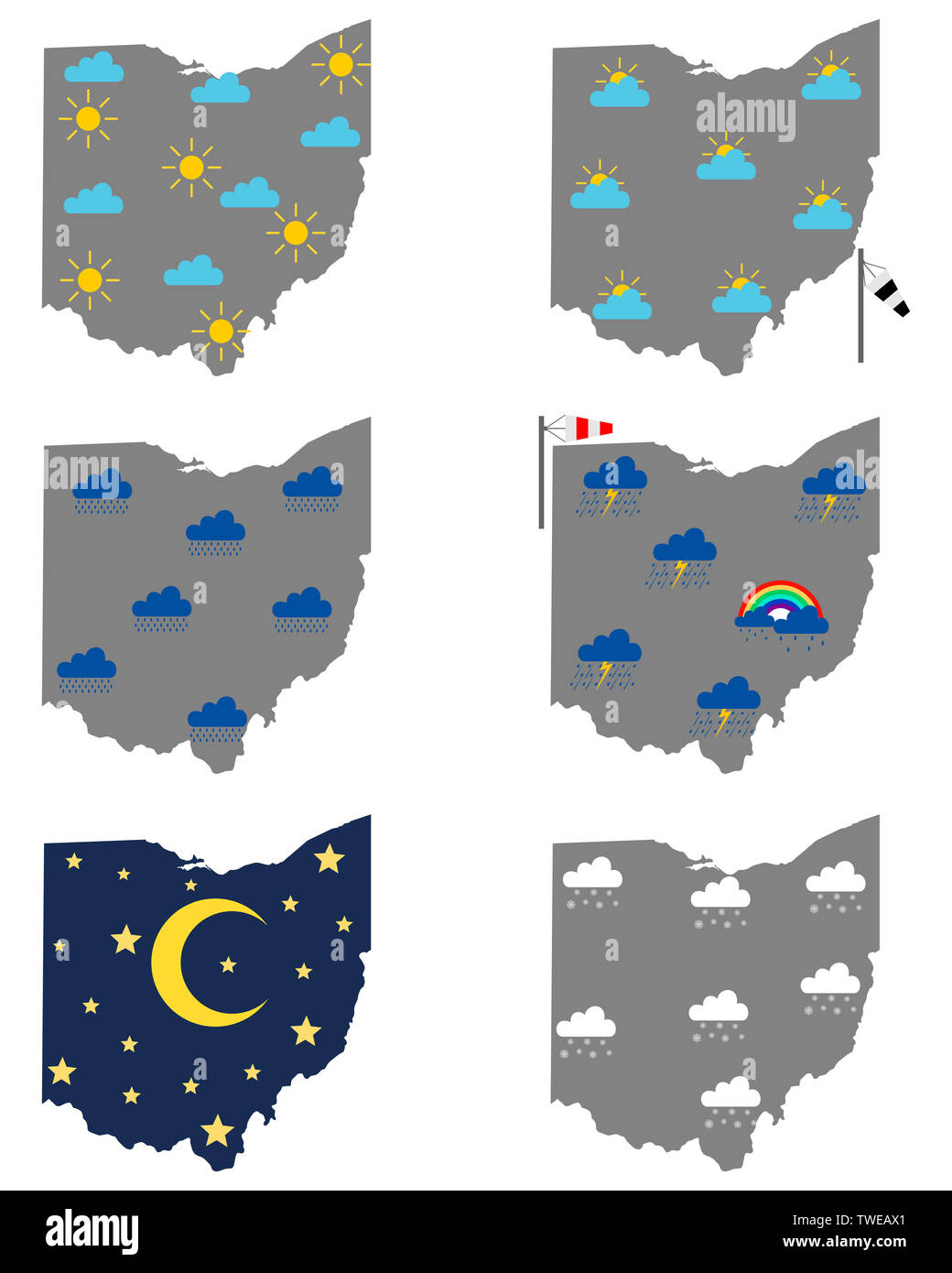 Maps of Ohio with various weather symbols Stock Photo - Alamy