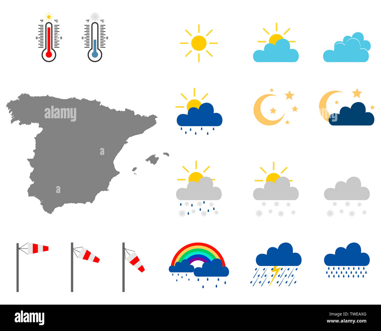 Map of Spain with weather symbols Stock Photo - Alamy