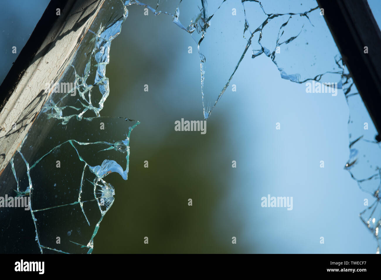 cracked and broken window glass punched by a pistol bullet Stock Photo ...