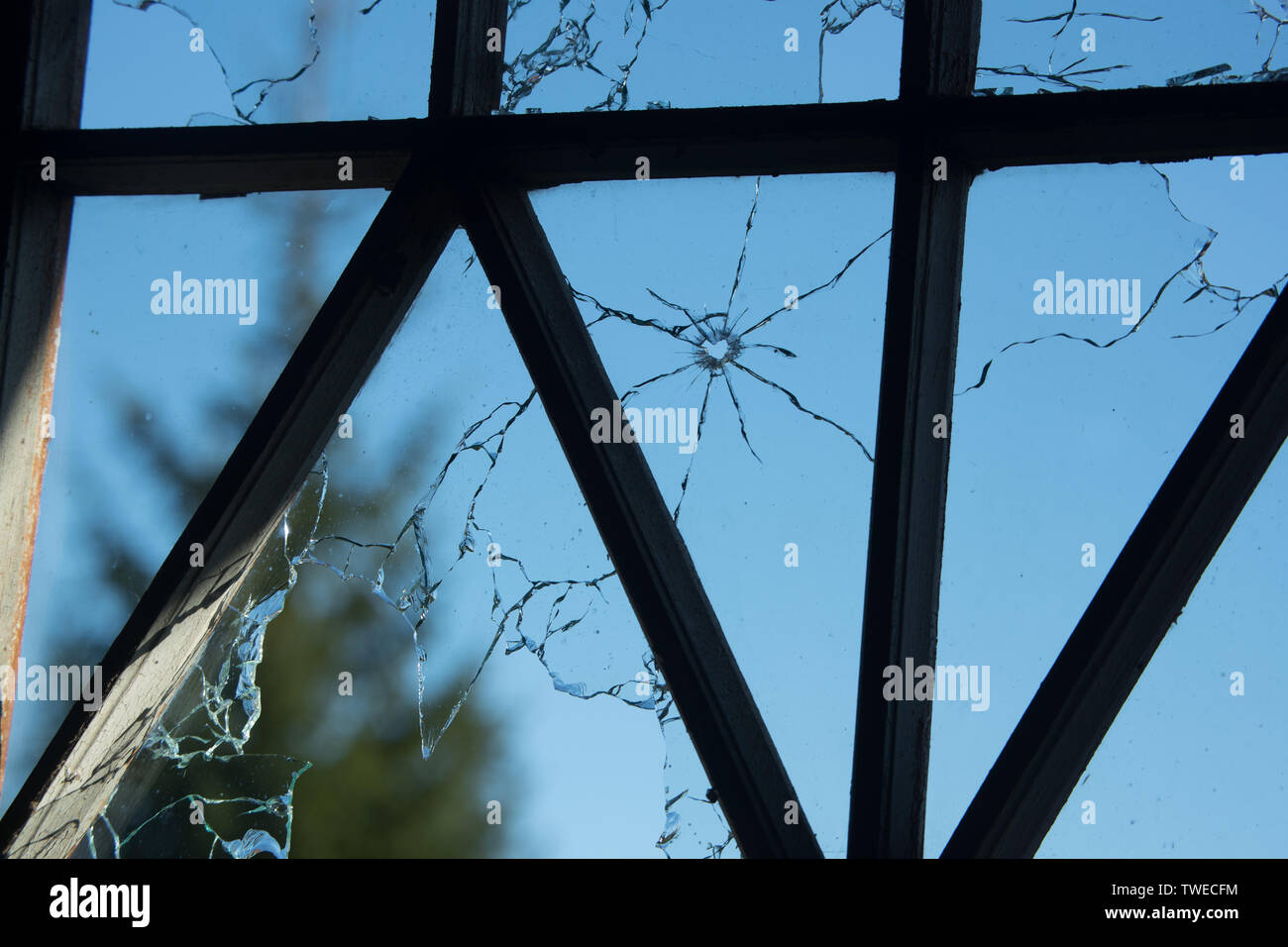 cracked and broken window glass punched by a pistol bullet Stock Photo ...