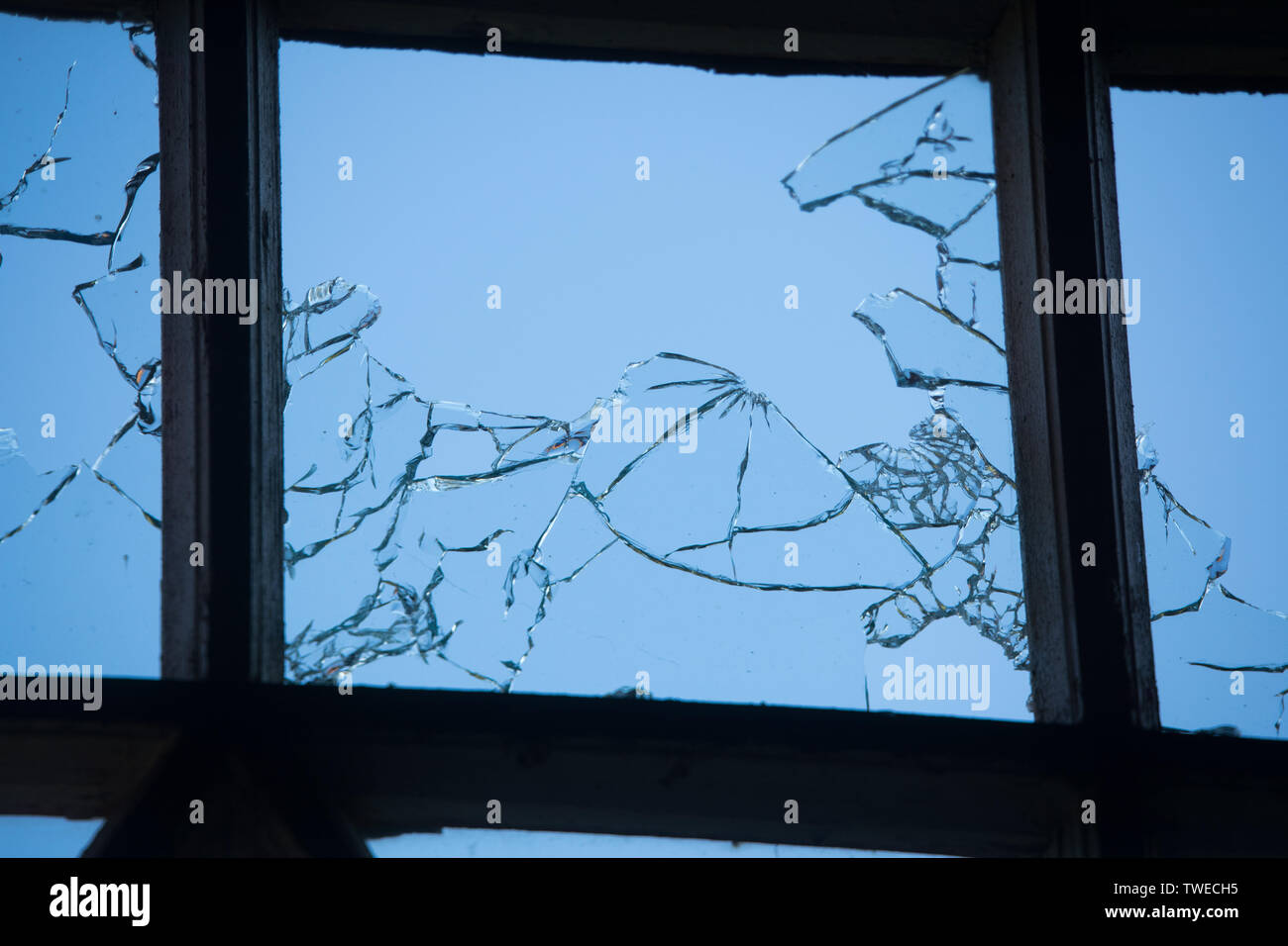 cracked and broken window glass punched by a pistol bullet Stock Photo ...