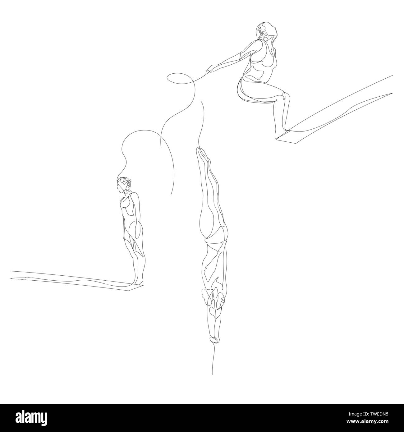 Continuous one line athlete jump in water or fall in water set. Summer ...