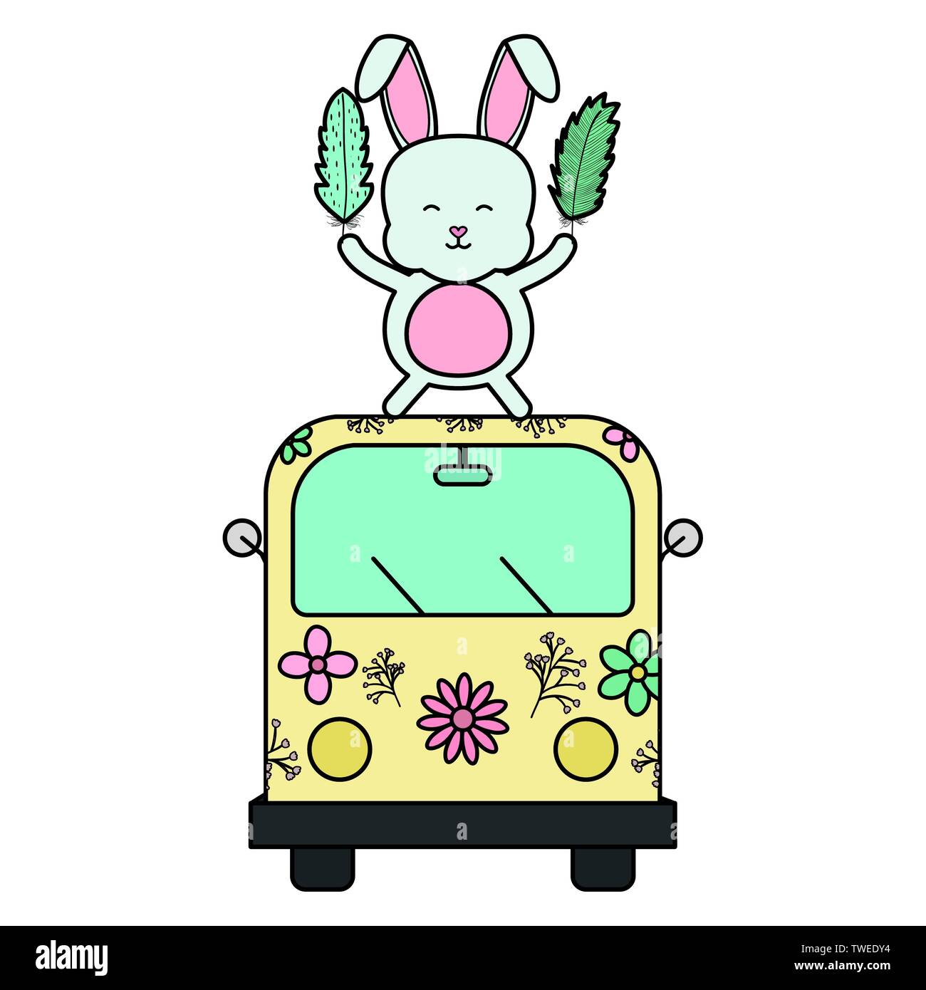cute rabbit in van hippie boho style vector illustration design Stock ...