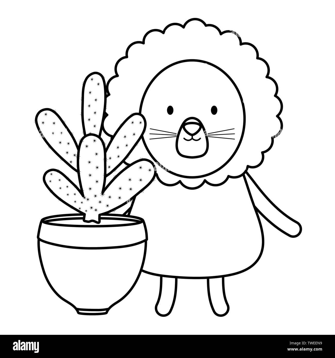 cute lion with exotic cactus in ceramic pot vector illustration design ...