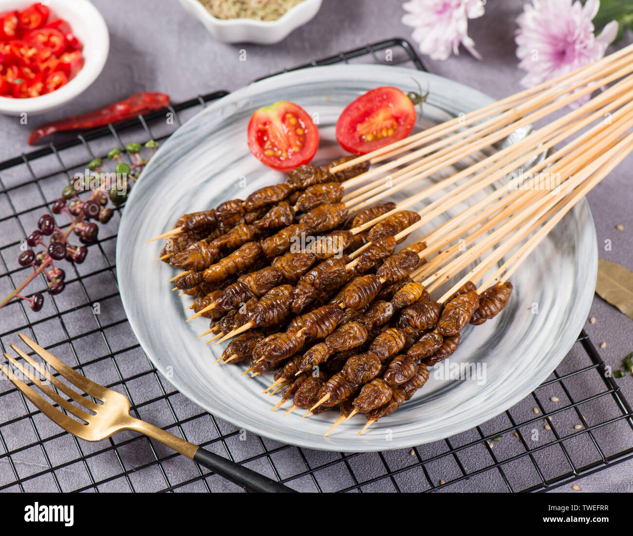 Iron plate barbecue lamb kebab, duck gizzard, lamb, pork beef Stock ...