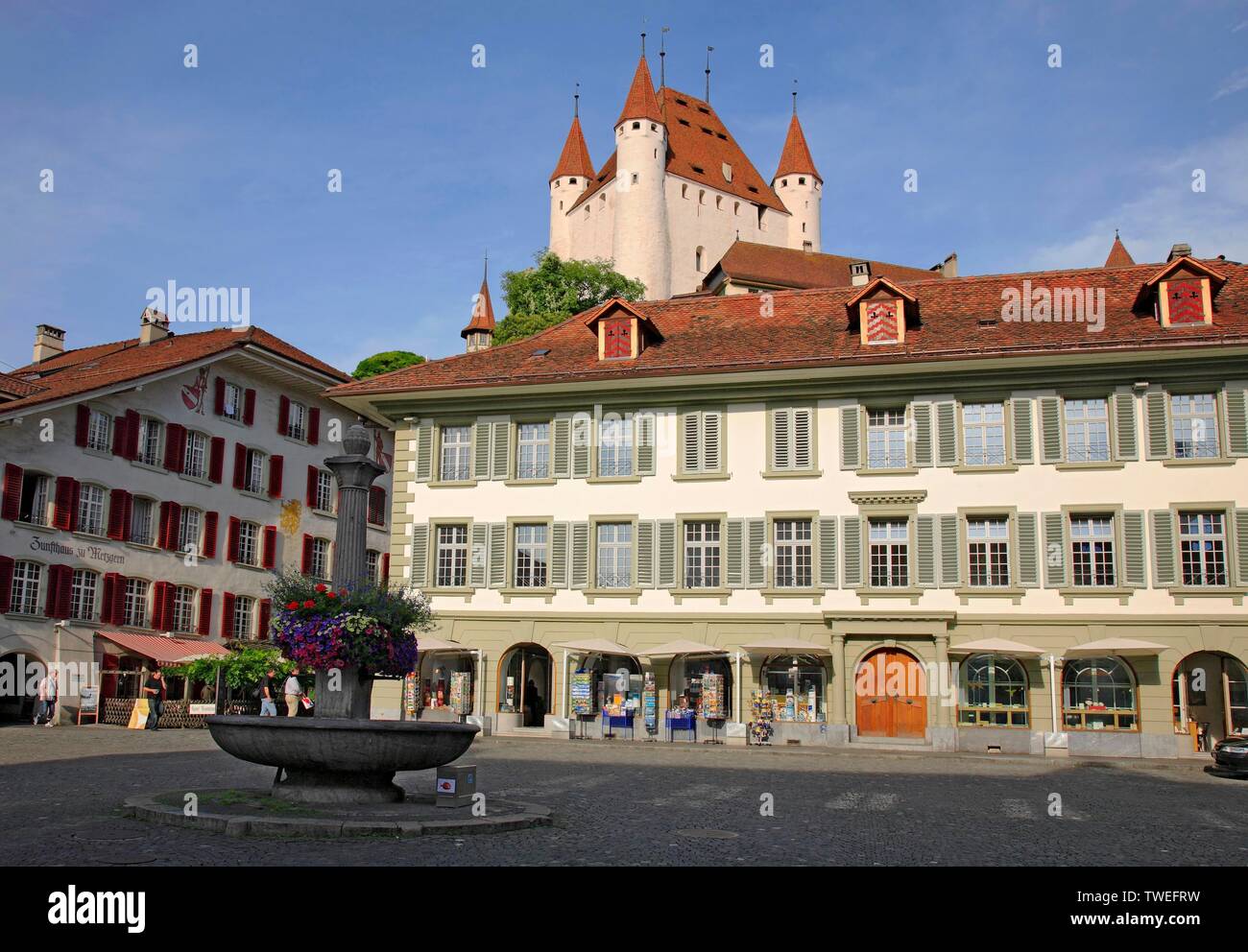 View over city hall plaza towards thun castle hi-res stock photography ...