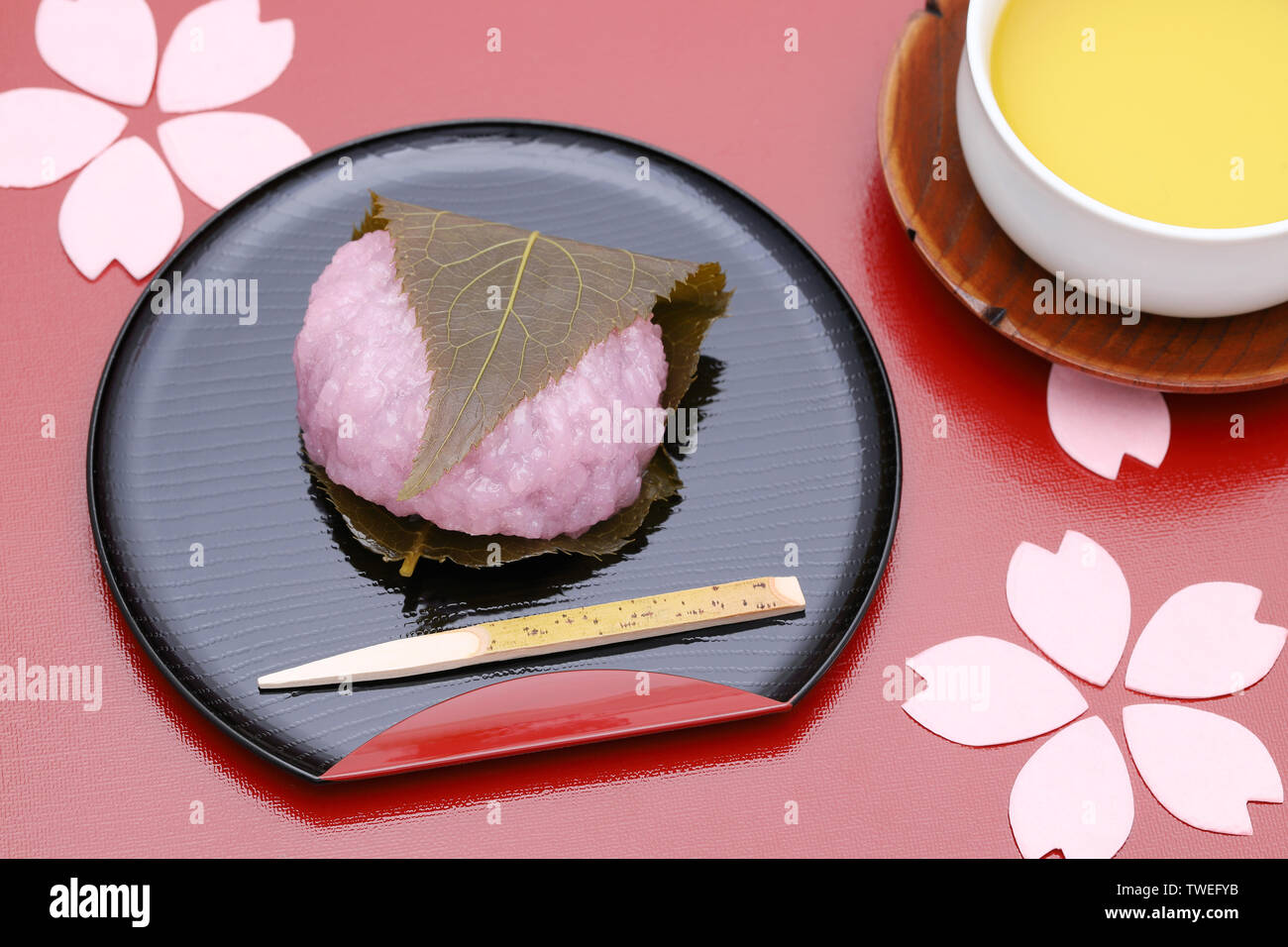 Japanese confectionery, cherry blossom rice cake Sakura Mochi Stock ...