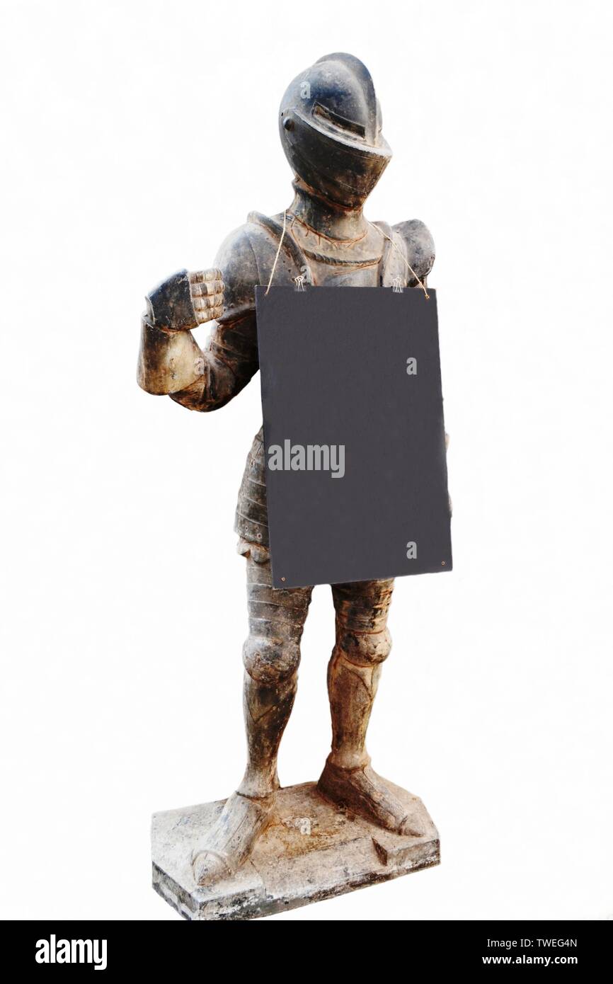 Medieval knight rusty armour exhibit exposed in catering as writing ...