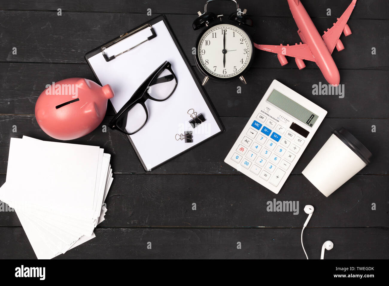 Top view of an office table with stationery and pink airplane Stock ...