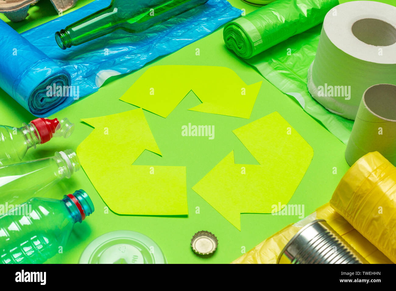 Eco concept with recycling symbol on table background top view Stock ...