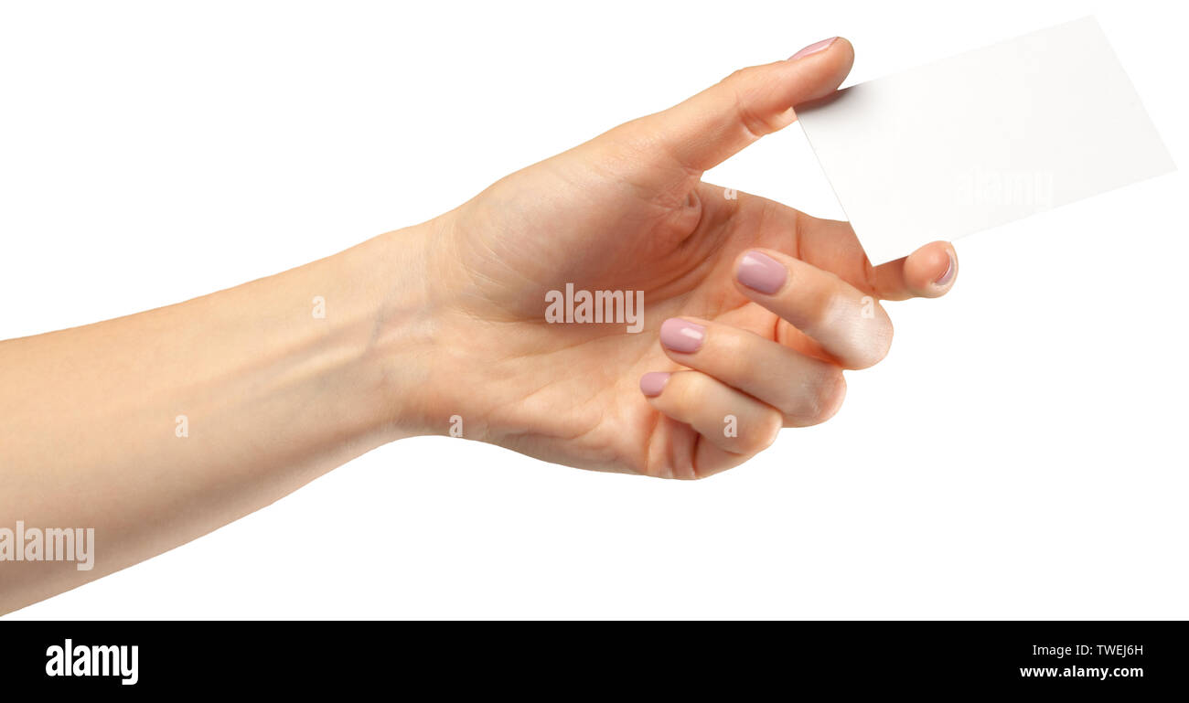 Female hand holding empty paper isolated on white background. Copy ...