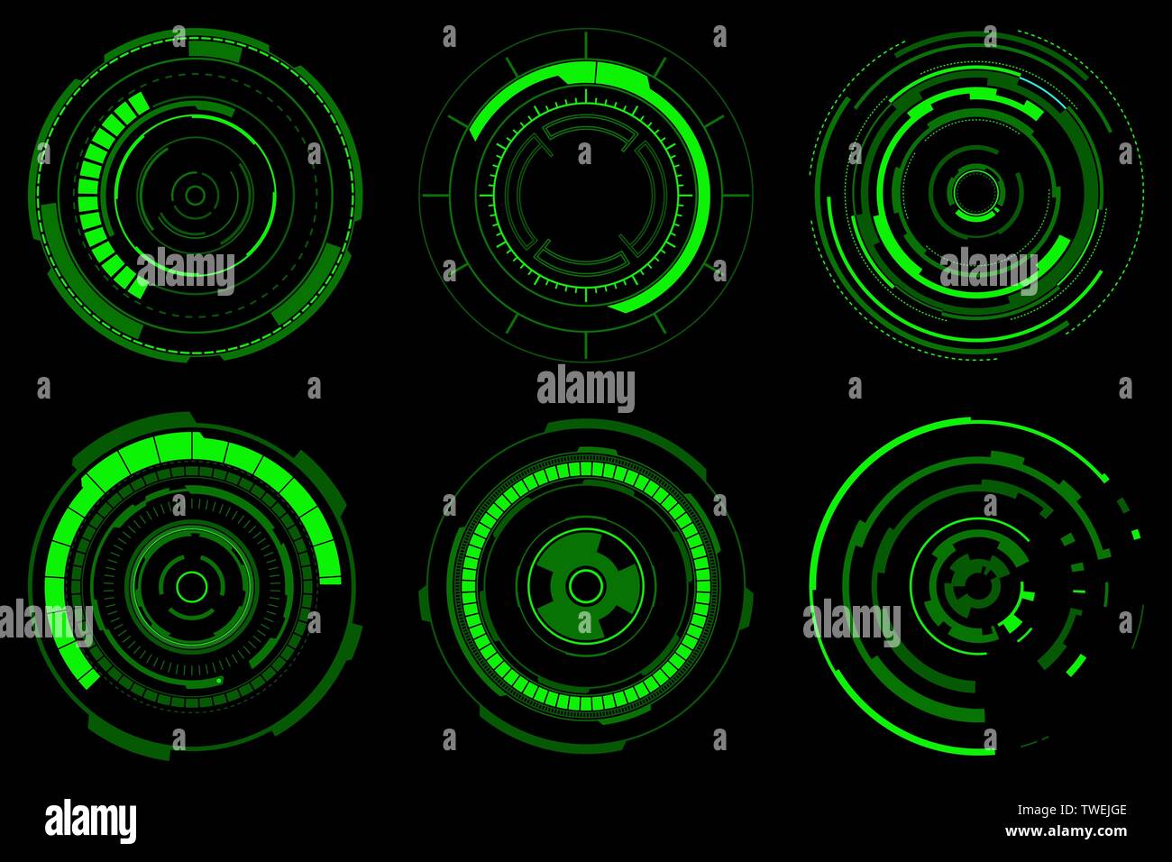 Set of futuristic radial graphic elements. Neon Green HUD. Circle Head-up display for web and ...