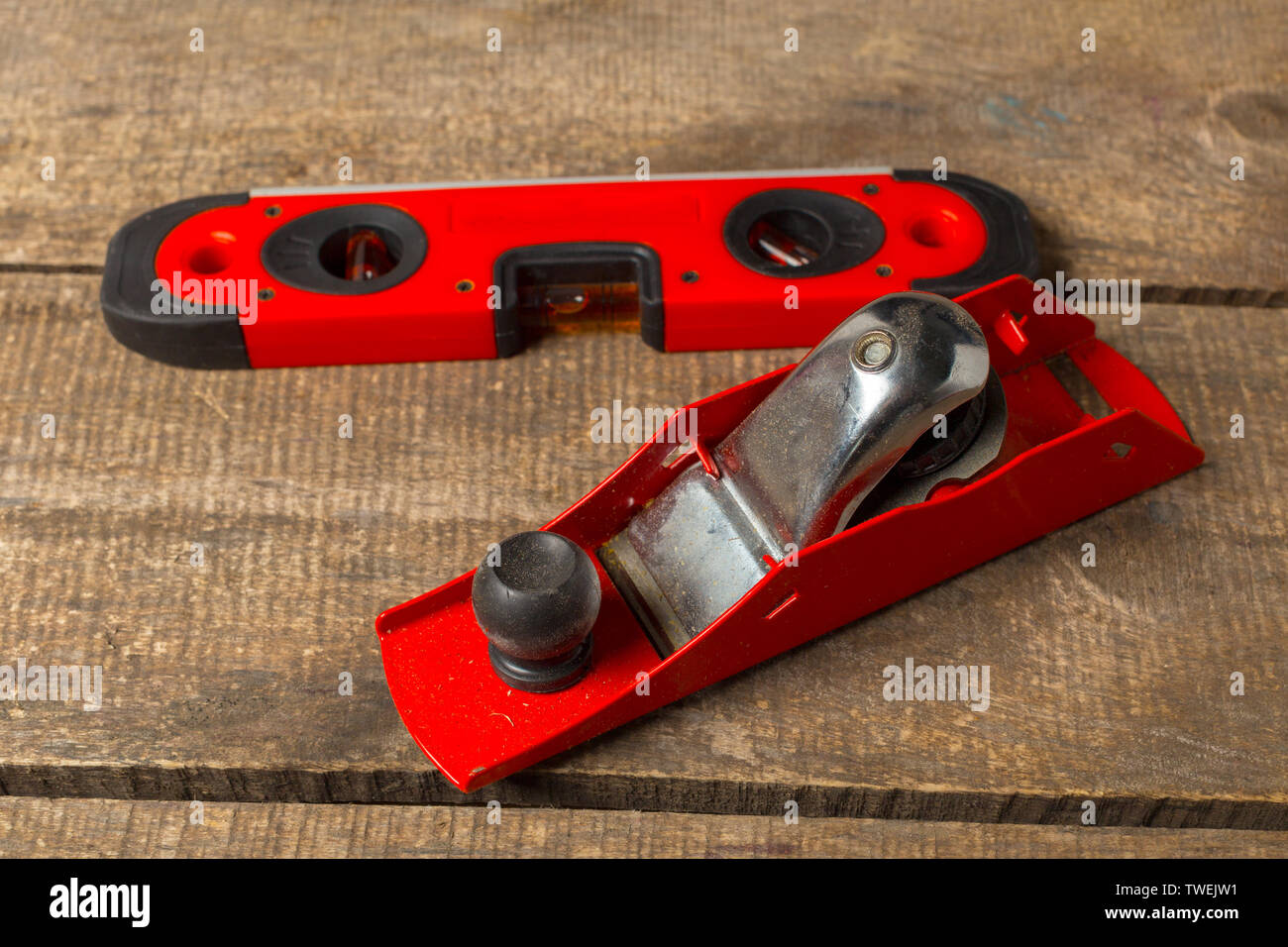 Carpenter tools on a workbench Stock Photo - Alamy