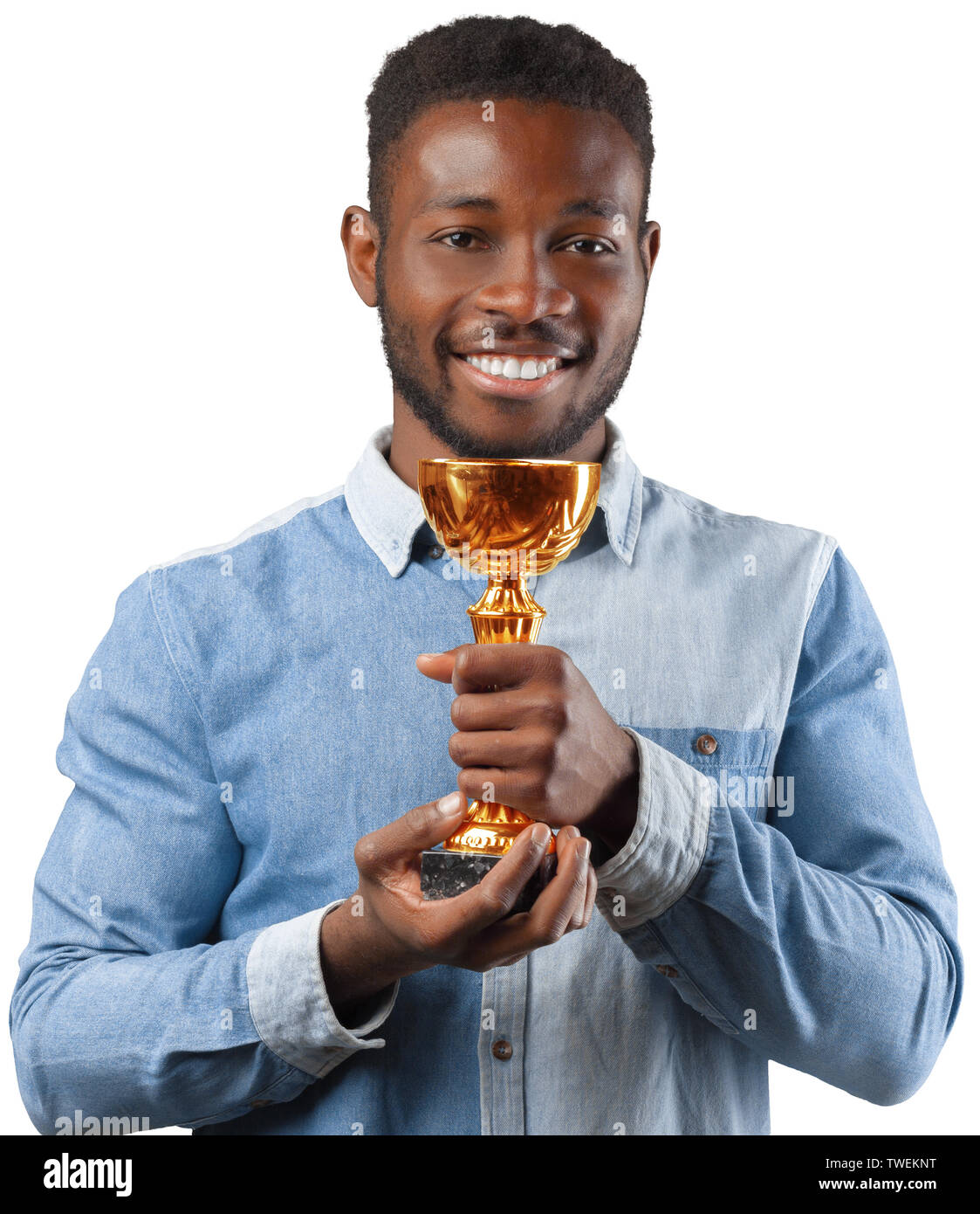 business black man holding a trophy isolated on white Stock Photo - Alamy
