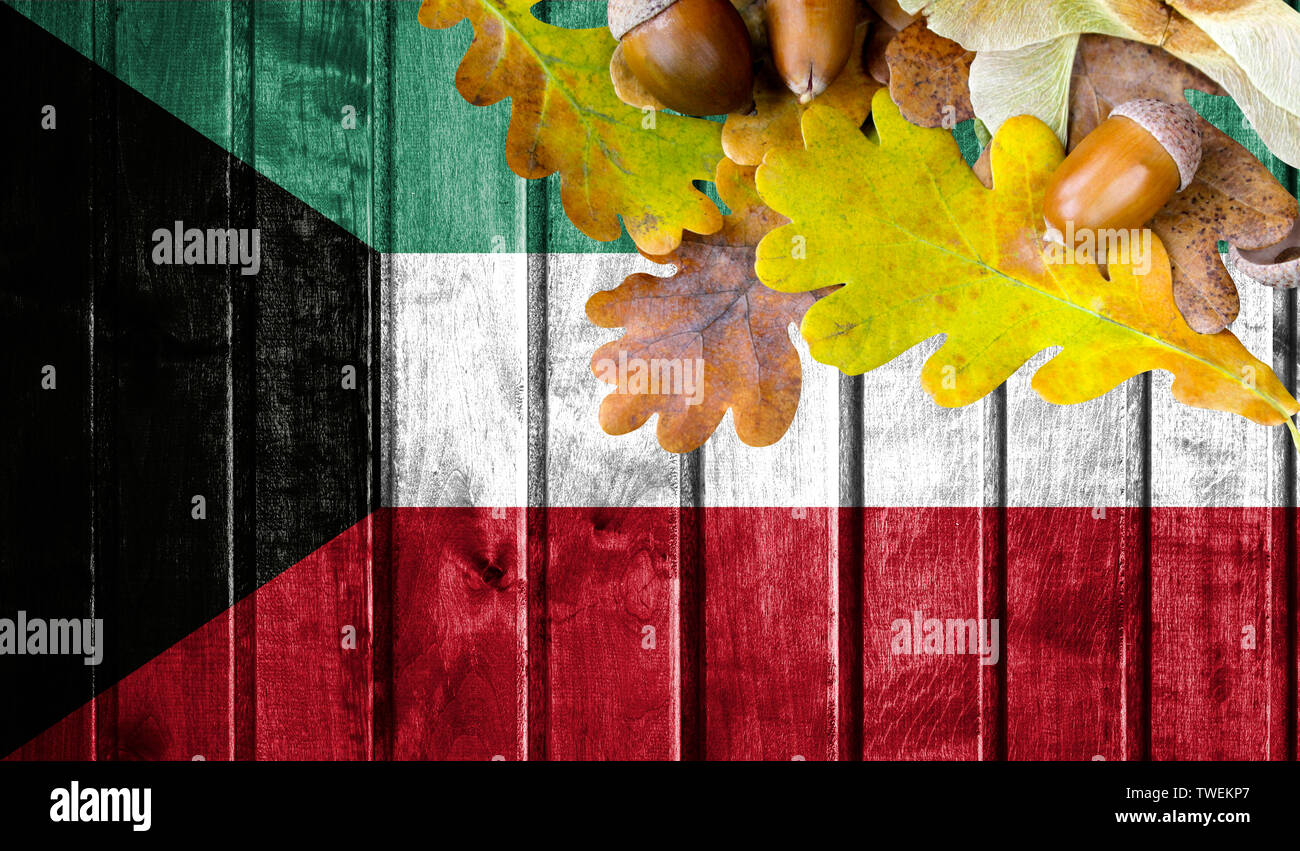 Kuwait flag on autumn wooden background with leaves and good place for ...