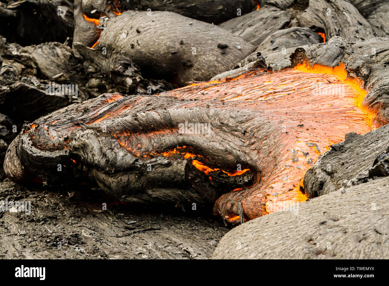 Eruption of Volcano Tolbachik, boiling magma, close up image of hot ...