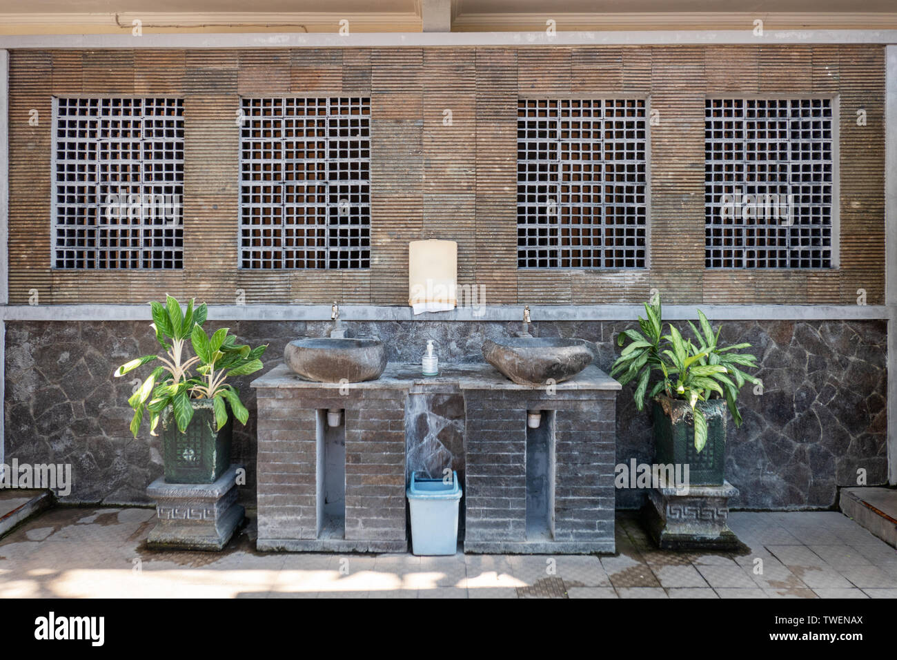 Architecture tile brick and wash basin with plant decoration on front ...