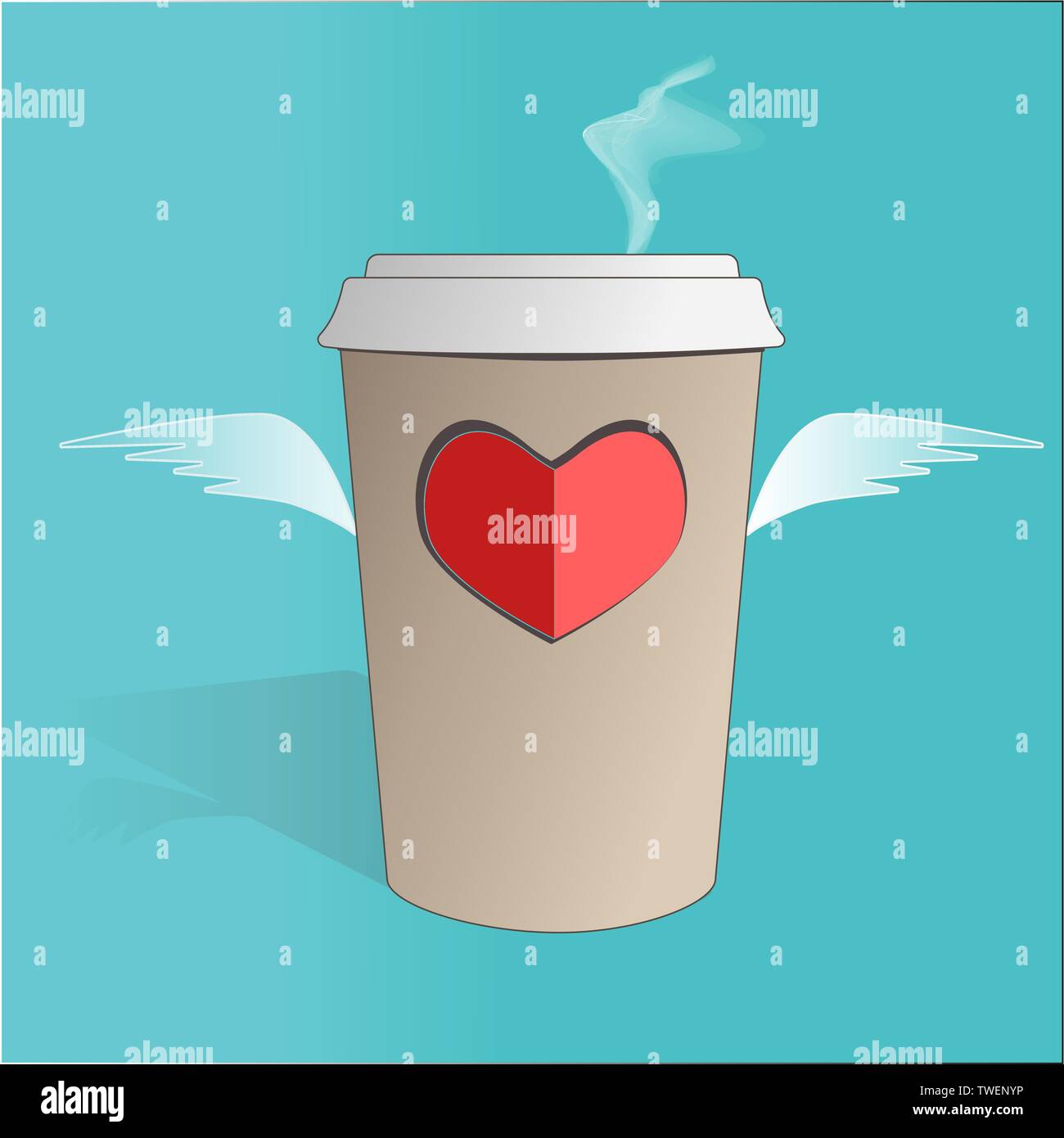 Illustration of flying paper coffee cup with heart and wings on blue ...