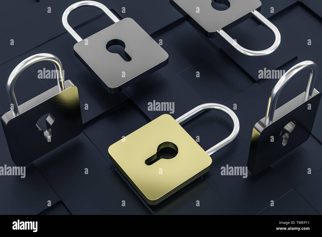 Three-dimensional rendering, metal encryption lock with tech background ...