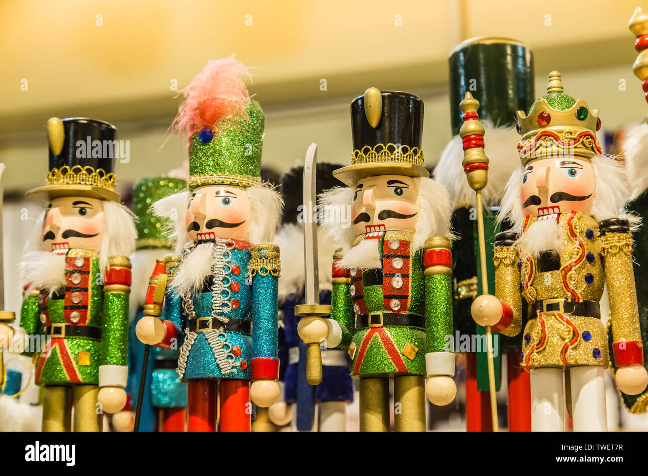 colorful wood nutcracker toy display view background Stock Photo - Alamy