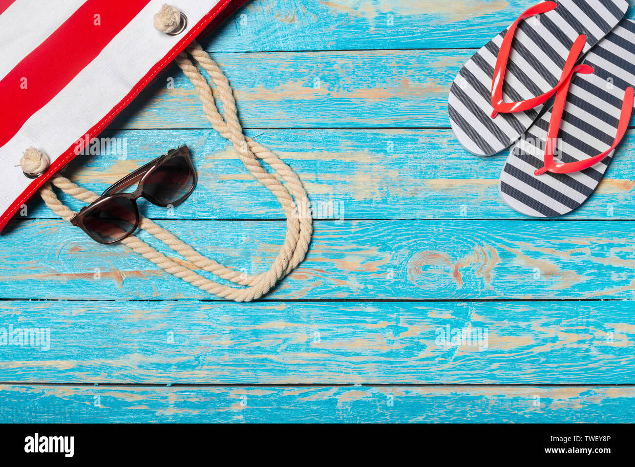 Summer holiday background with beach items Stock Photo - Alamy