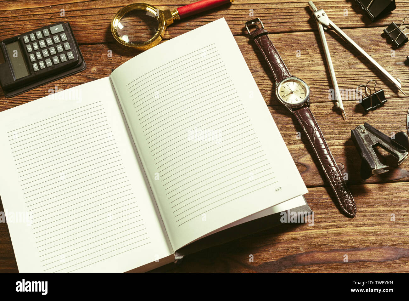 wooden desk with office tools Stock Photo - Alamy