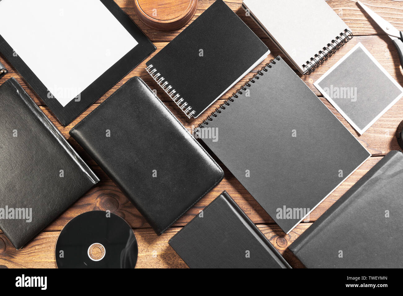 wooden desk with office tools Stock Photo - Alamy