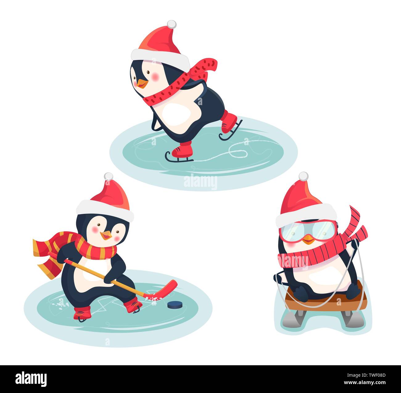 Christmas penguins in winter. Winter sports. Childrens sports concept ...