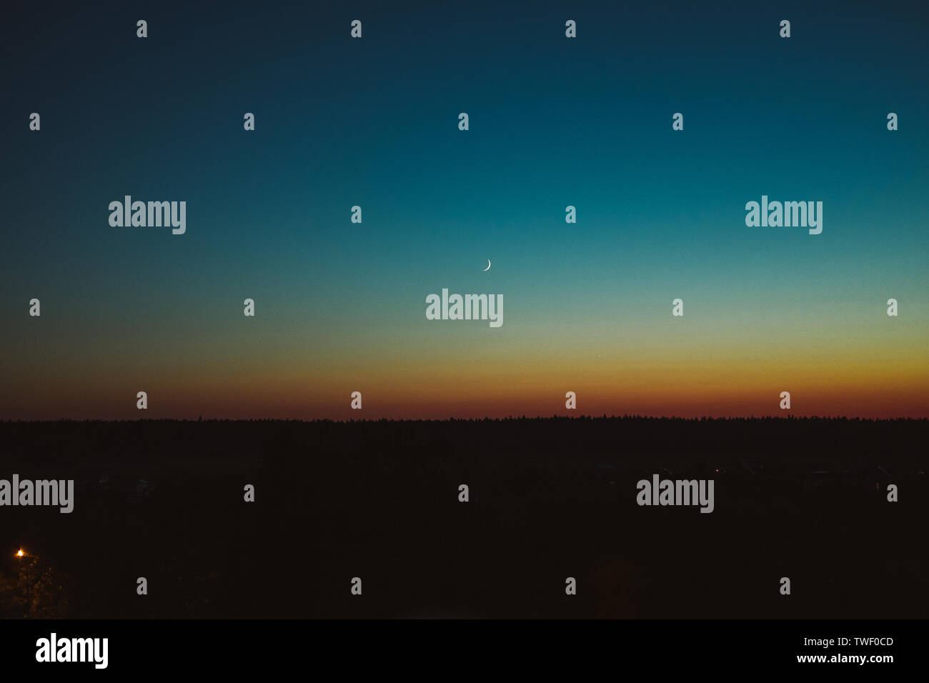 Late evening sky and landscape. Calm summer scenery night. Camping in ...