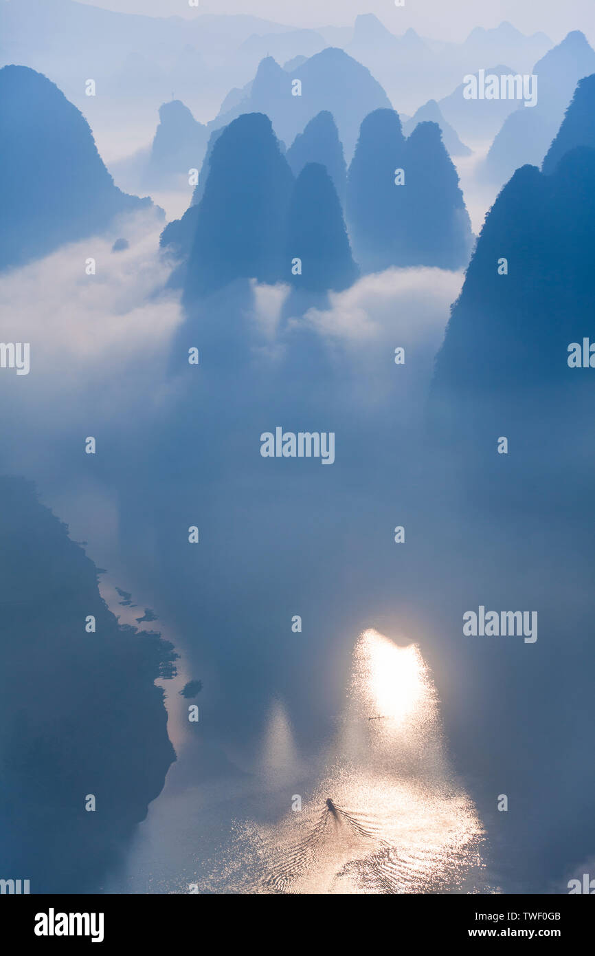 Sky with nature. Outdoor landscape, fog, dawn, sun and mountains ...