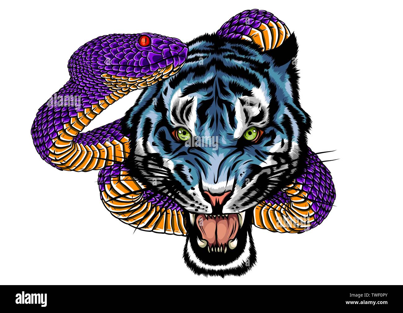 snake and tiger fighting, tattoo vector illustration Stock Vector Image ...