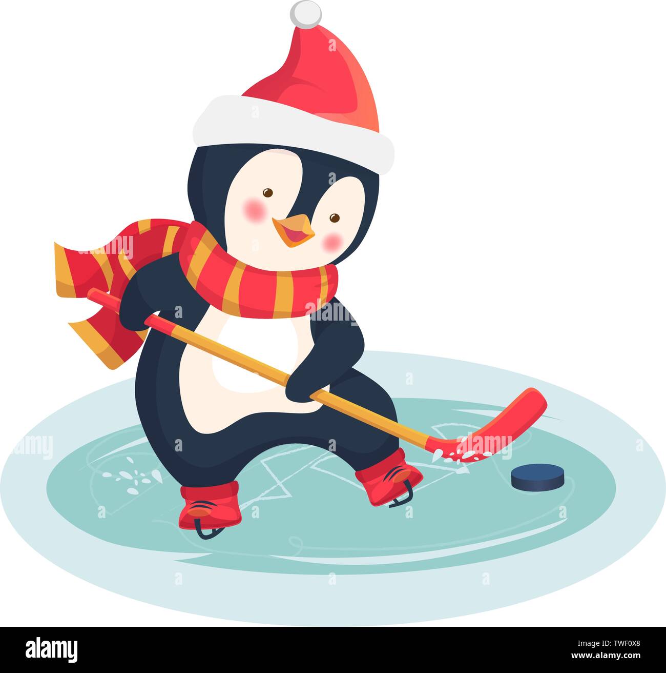 Childrens sports concept. Christmas penguin play ice hockey in the ...