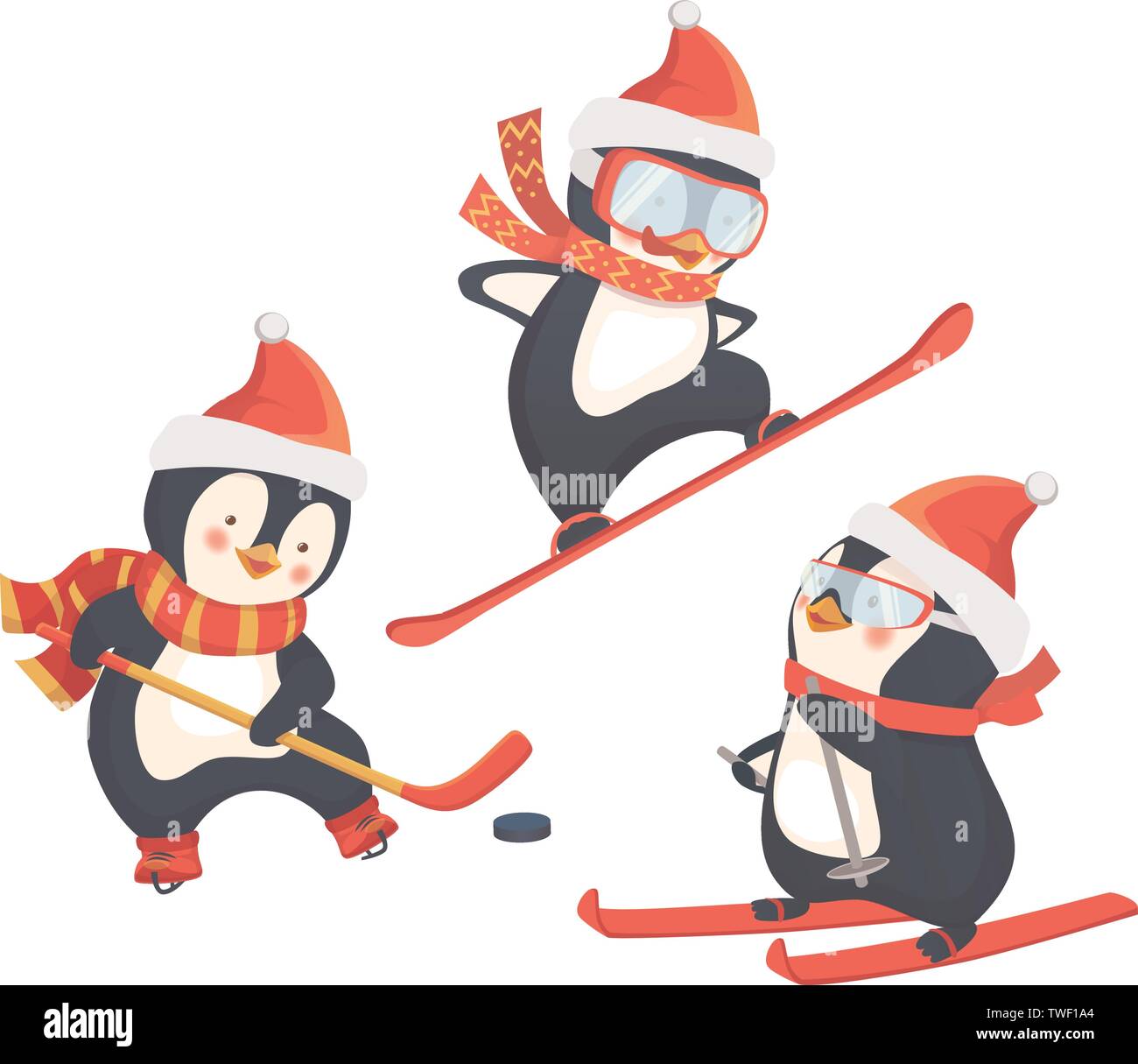 Christmas penguins in winter. Winter sports. Childrens sports concept ...