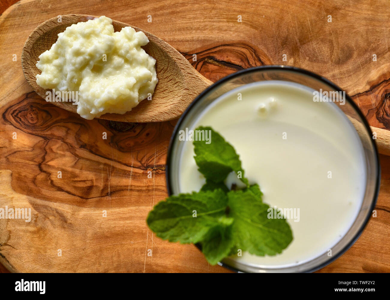 Close-up shot on a full glass of white Kefir enriched with some mint ...