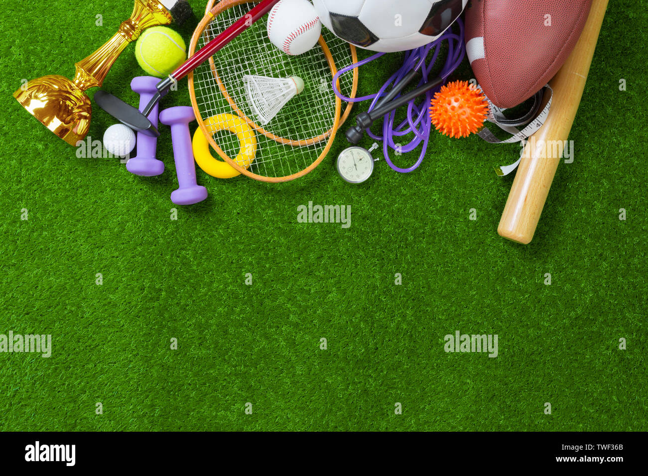 Various sport tools on grass Stock Photo - Alamy