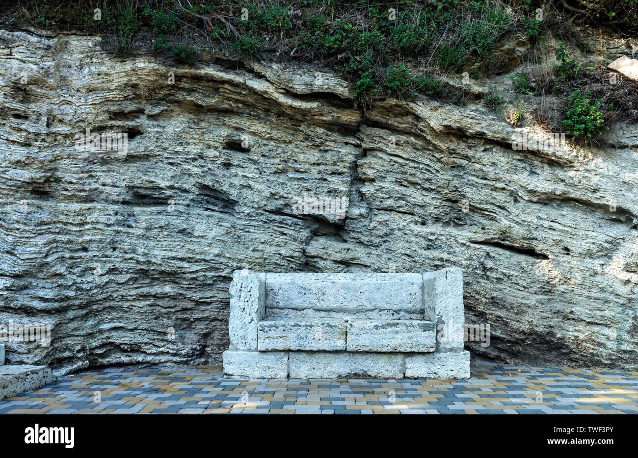 Natural stone bench from travertine in resort Pyatigorsk Stock Photo ...