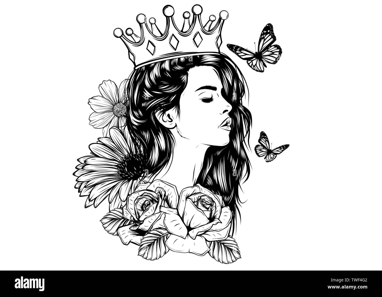 Beautiful girl in crown. Girl with long hair. Vector illustration for a ...