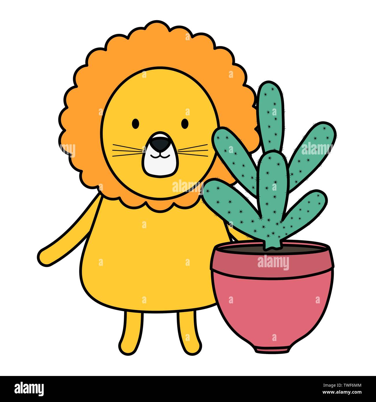 cute lion with exotic cactus in ceramic pot vector illustration design ...