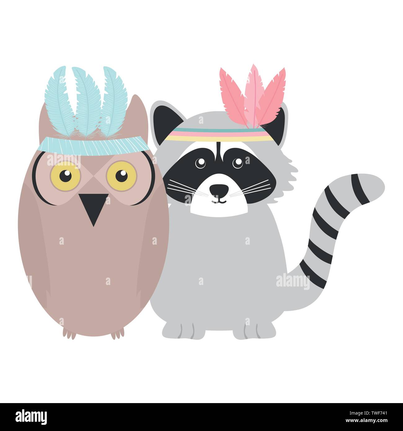 owl bird and raccoon with feathers hats bohemian style vector ...