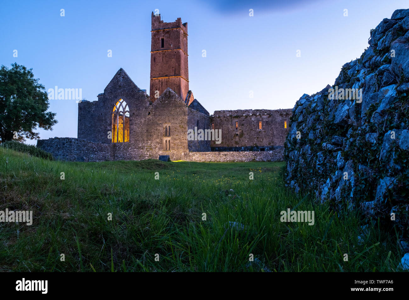 A low angle view of the ruins of the medieval Quinn Abbey in Quinn ...