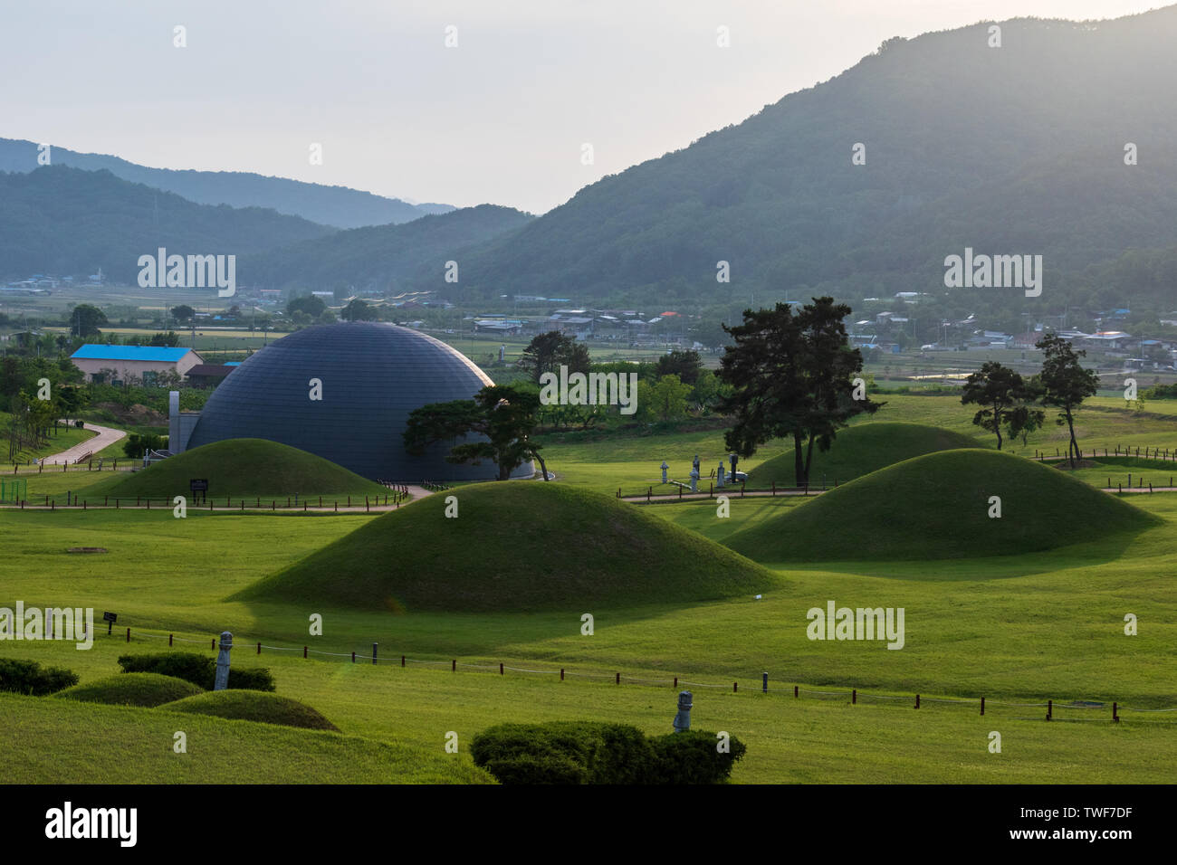 Panoramic view on Royal Tomb of King Gyeongdeok. Tumulus hill complex ...
