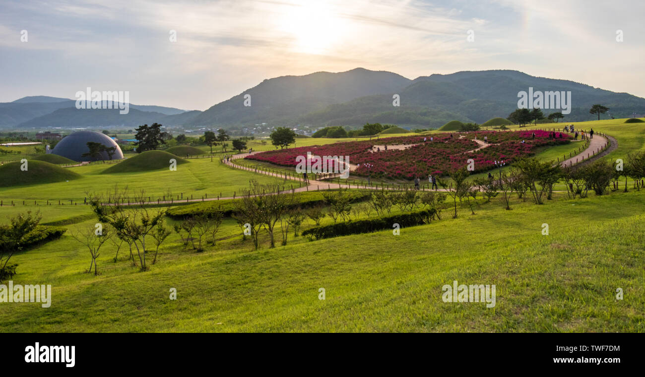Panorama of the Royal Tomb of King Gyeongdeok. Tumulus hill complex and ...