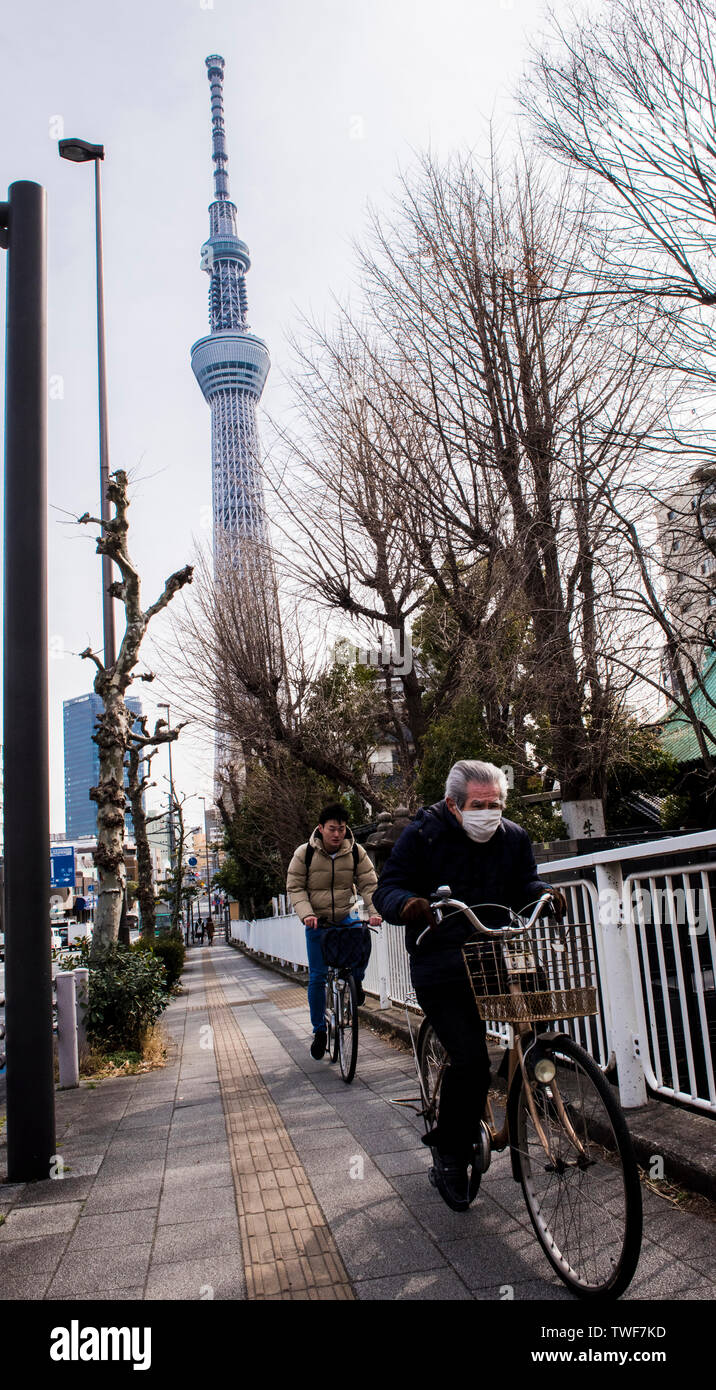 Two men riding bicycles along pavement with Skytree tower in background ...