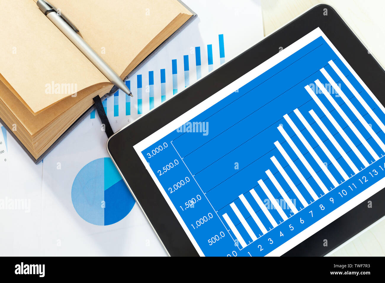 digital tablet and smartphone with financial chart report, paper Stock ...