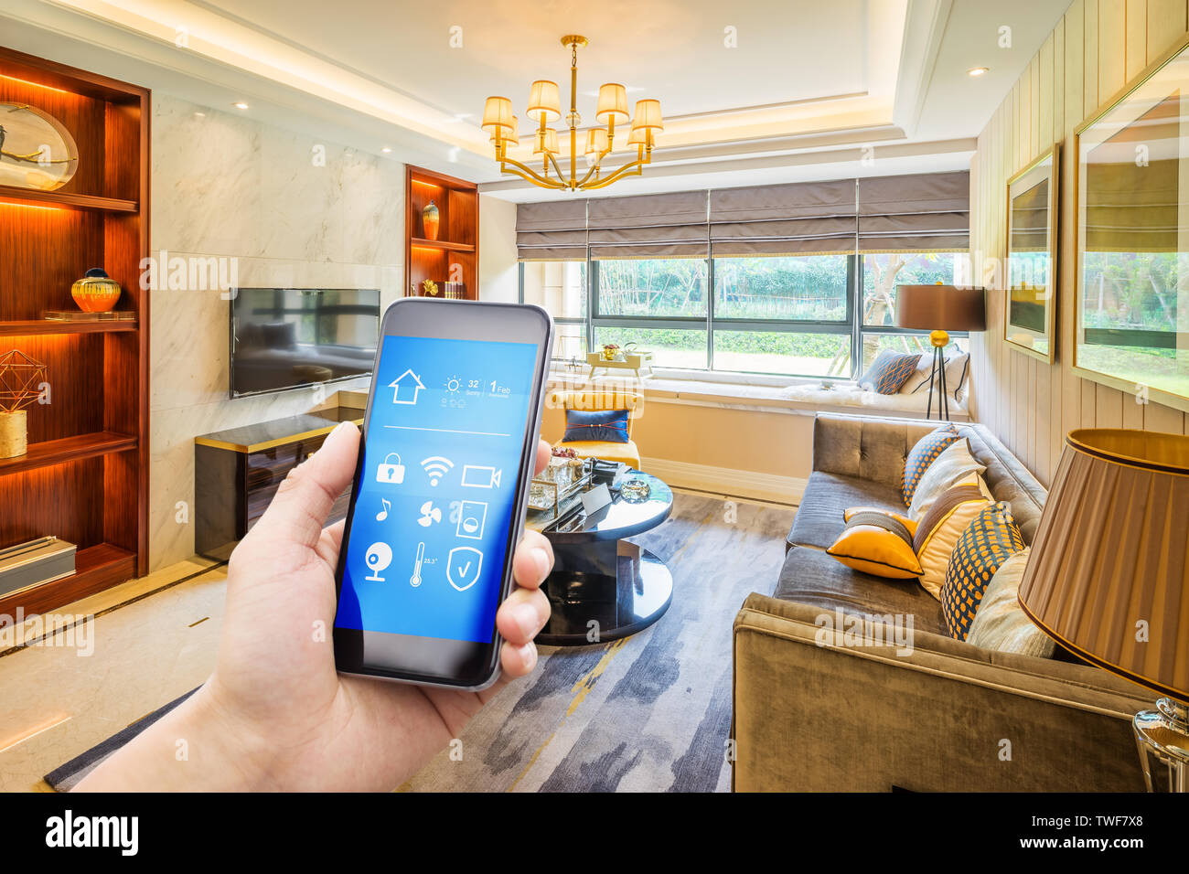 smart phone with smart home with modern living room Stock Photo - Alamy