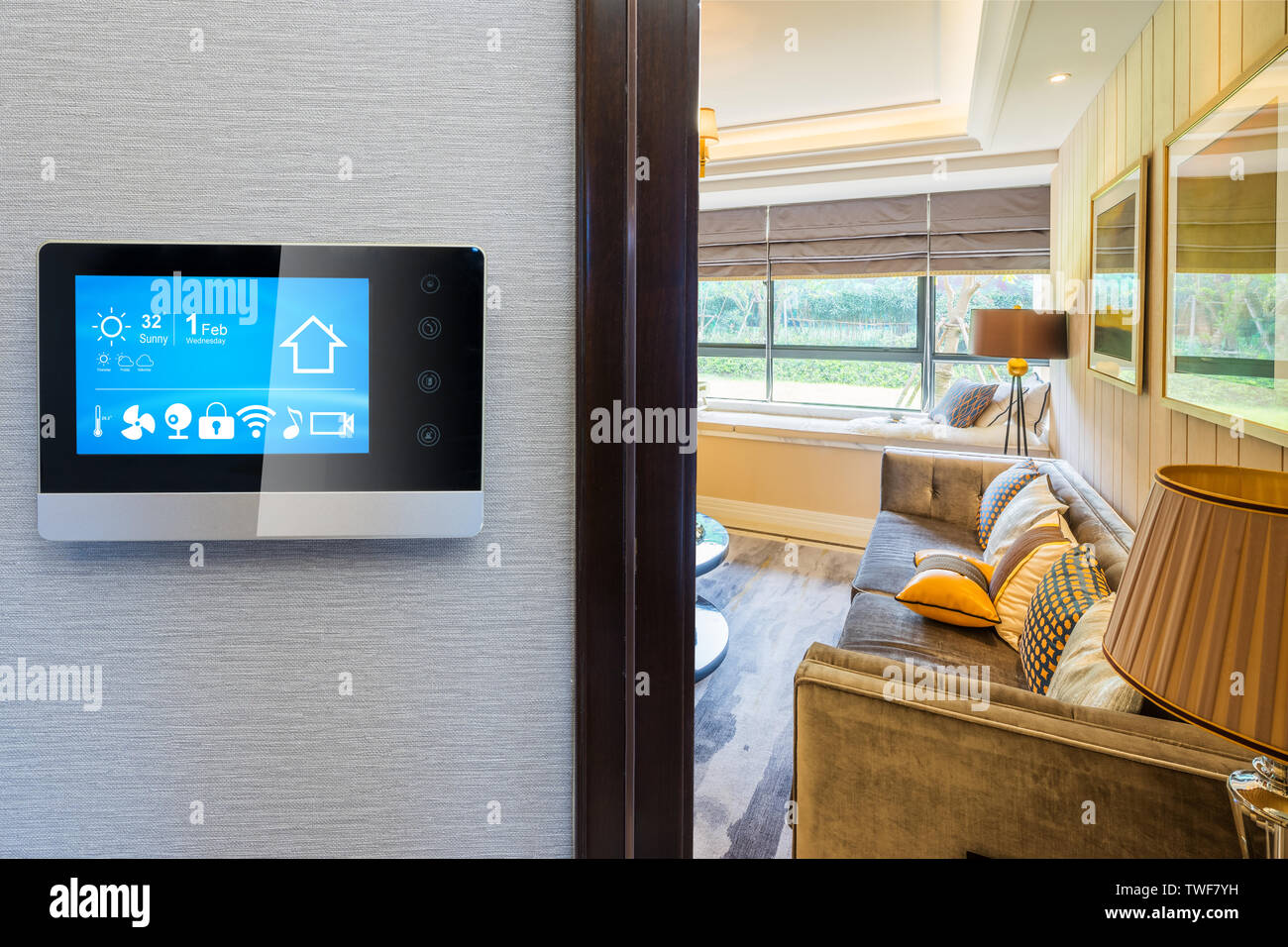 smart screen with smart home with modern living room Stock Photo - Alamy