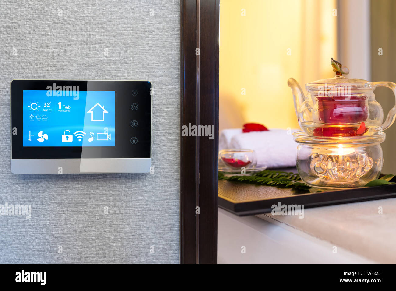 smart screen with smart home with modern spa bathroom Stock Photo - Alamy