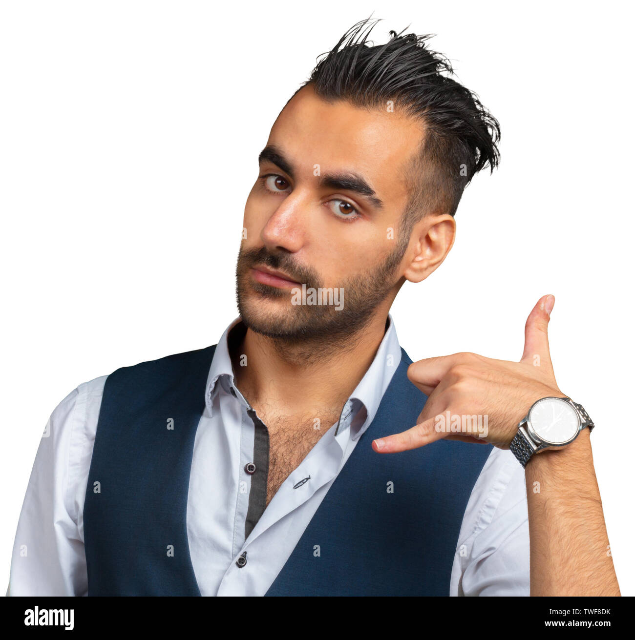 Turkish young man with call me sign Stock Photo - Alamy