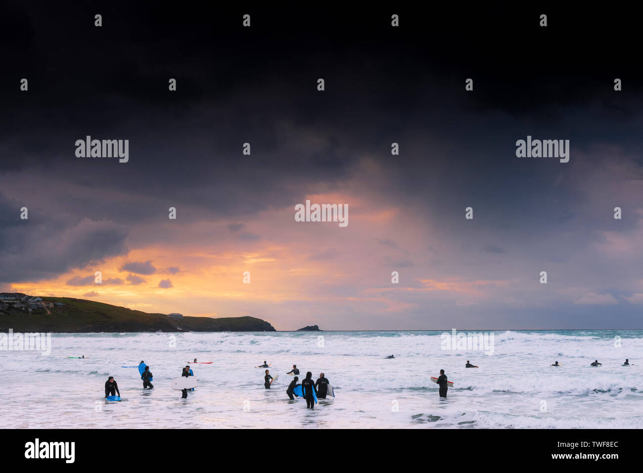 Sunset building over Fistral Beach in Newquay in Cornwall Stock Photo ...