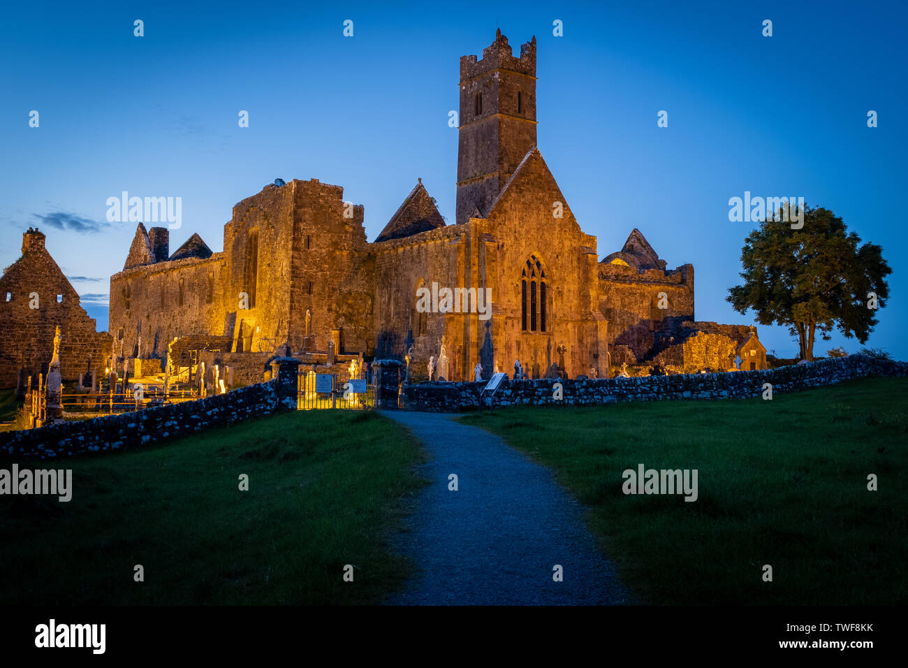 The ruins of the medieval Quinn Abbey in Quinn, Ireland lit up against ...